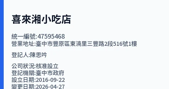 喜來湘小吃店的照片-統編 47595468(臺中市) 公司登記資料與營業項目詳細圖表