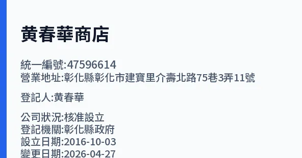 黄春華商店的照片-統編 47596614(彰化縣) 公司登記資料與營業項目詳細圖表