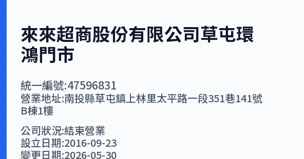 來來超商股份有限公司草屯環鴻門市的照片-統編 47596831(南投縣) 公司登記資料與營業項目詳細圖表