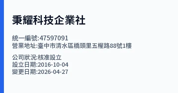 秉耀科技企業社的照片-統編 47597091(臺中市) 公司登記資料與營業項目詳細圖表
