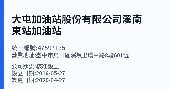 大屯加油站股份有限公司溪南東站加油站的照片-統編 47597135(臺中市) 公司登記資料與營業項目詳細圖表