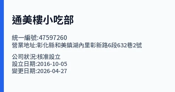 通美樓小吃部的照片-統編 47597260(彰化縣) 公司登記資料與營業項目詳細圖表