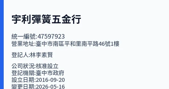 宇利彈簧五金行的照片-統編 47597923(臺中市) 公司登記資料與營業項目詳細圖表