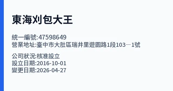 東海刈包大王的照片-統編 47598649(臺中市) 公司登記資料與營業項目詳細圖表