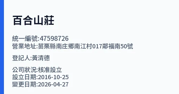 百合山莊的照片-統編 47598726(苗栗縣) 公司登記資料與營業項目詳細圖表