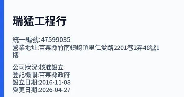 瑞猛工程行的照片-統編 47599035(苗栗縣) 公司登記資料與營業項目詳細圖表