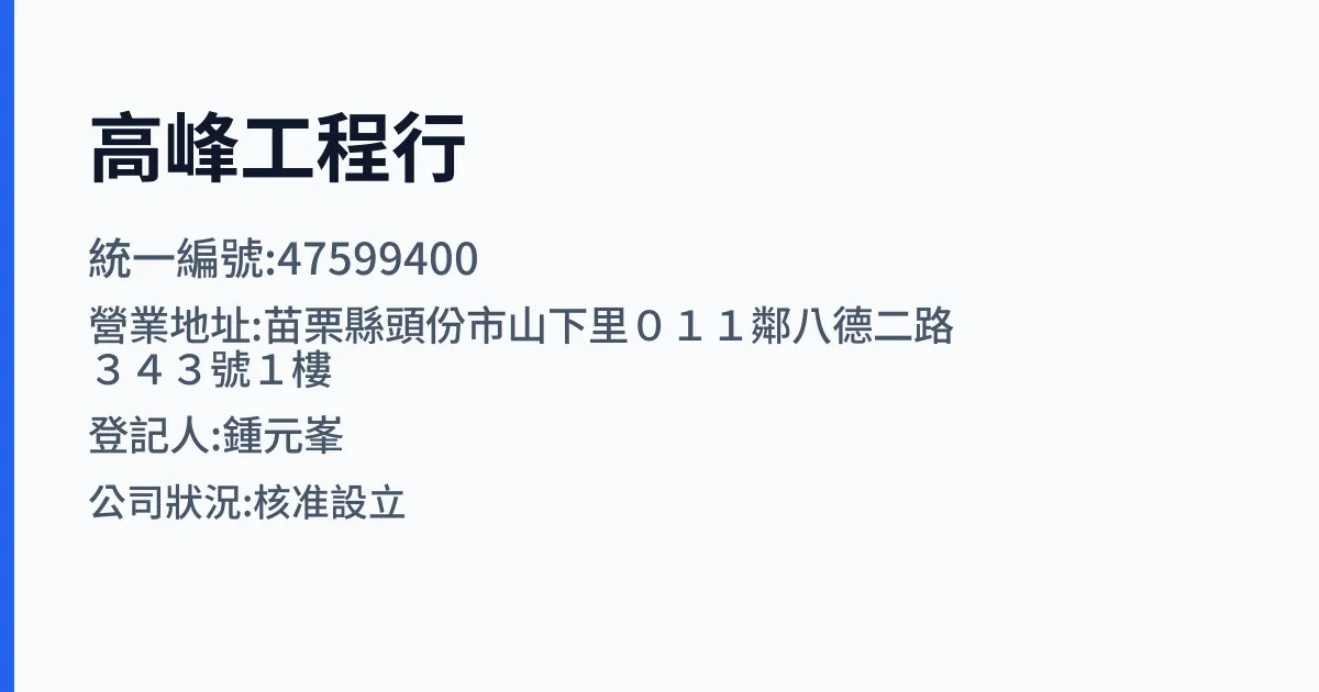 高峰工程行 - 統編 47599400(苗栗縣) 公司登記資料與營業項目詳細圖表