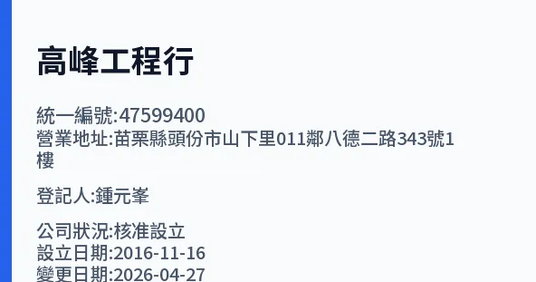 高峰工程行的照片-統編 47599400(苗栗縣) 公司登記資料與營業項目詳細圖表