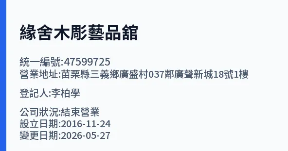 緣舍木彫藝品舘的照片-統編 47599725(苗栗縣) 公司登記資料與營業項目詳細圖表
