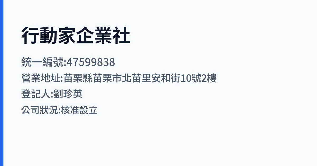 行動家企業社 - 統編 47599838(苗栗縣) 公司登記資料與營業項目詳細圖表