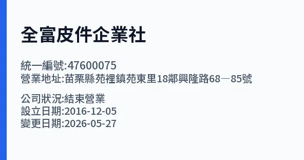 全富皮件企業社的照片-統編 47600075(苗栗縣) 公司登記資料與營業項目詳細圖表