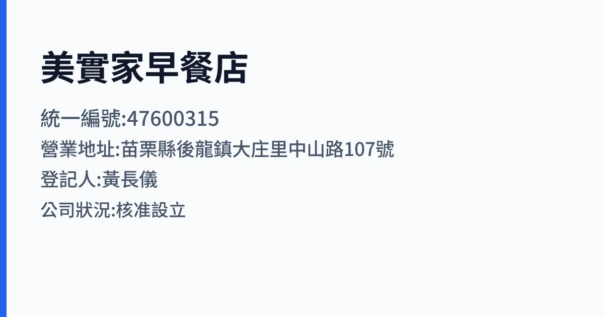 美實家早餐店 - 統編 47600315(苗栗縣) 公司登記資料與營業項目詳細圖表