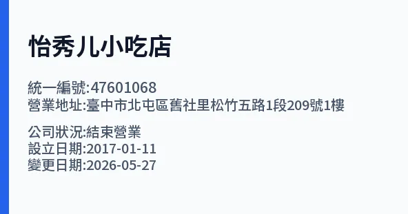 怡秀儿小吃店的照片-統編 47601068(臺中市) 公司登記資料與營業項目詳細圖表