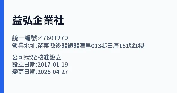益弘企業社的照片-統編 47601270(苗栗縣) 公司登記資料與營業項目詳細圖表