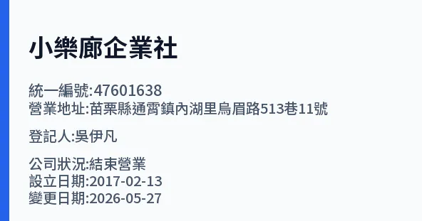 小樂廊企業社的照片-統編 47601638(苗栗縣) 公司登記資料與營業項目詳細圖表