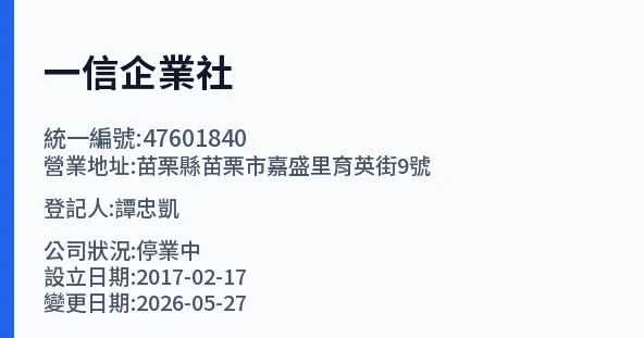 一信企業社的照片-統編 47601840(苗栗縣) 公司登記資料與營業項目詳細圖表