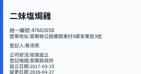 二妹塩焗雞的照片-統編 47602658(苗栗縣) 公司登記資料與營業項目詳細圖表