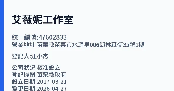 艾薇妮工作室的照片-統編 47602833(苗栗縣) 公司登記資料與營業項目詳細圖表