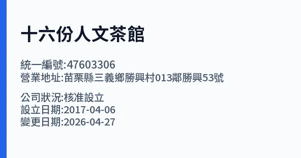 十六份人文茶館的照片-統編 47603306(苗栗縣) 公司登記資料與營業項目詳細圖表