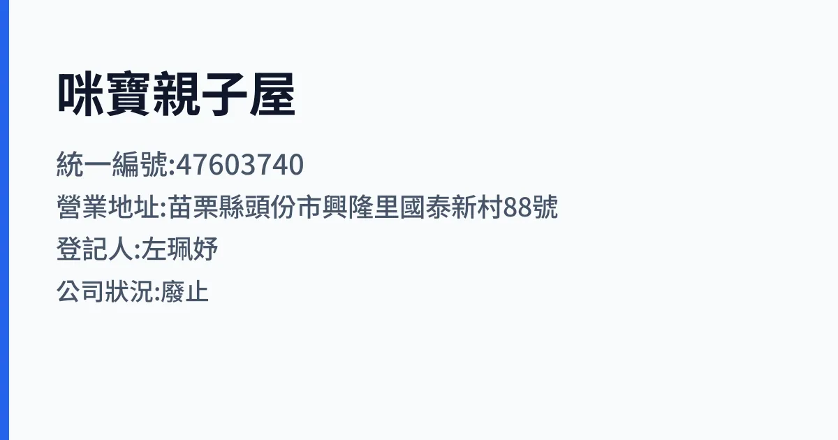 咪寶親子屋 - 統編 47603740(苗栗縣) 公司登記資料與營業項目詳細圖表