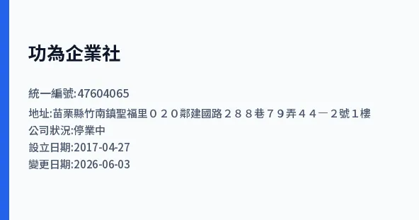 功為企業社的照片-統編 47604065(苗栗縣) 公司登記資料與營業項目詳細圖表