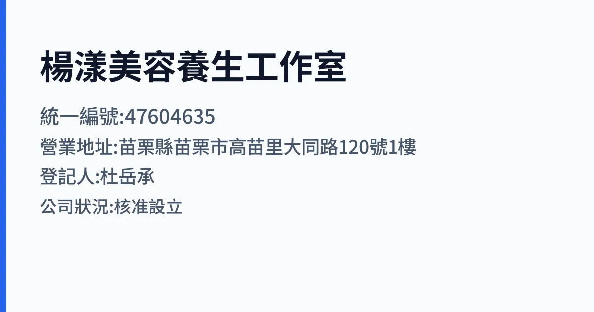 楊漾美容養生工作室 - 統編 47604635(苗栗縣) 公司登記資料與營業項目詳細圖表