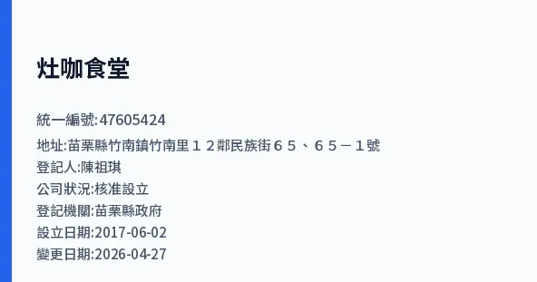 灶咖食堂的照片-統編 47605424(苗栗縣) 公司登記資料與營業項目詳細圖表