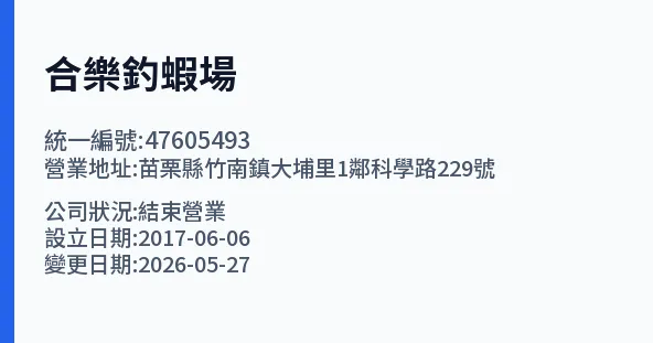 合樂釣蝦場的照片-統編 47605493(苗栗縣) 公司登記資料與營業項目詳細圖表