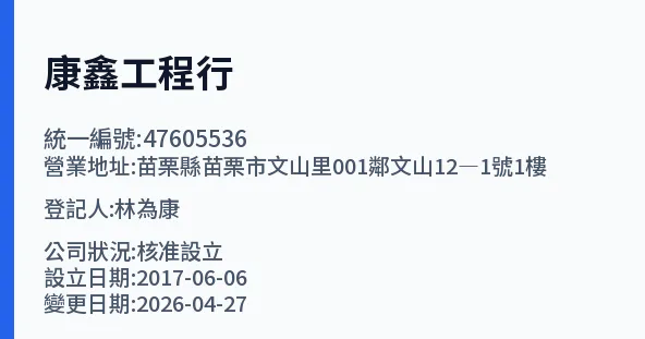 康鑫工程行的照片-統編 47605536(苗栗縣) 公司登記資料與營業項目詳細圖表