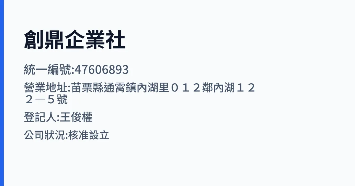 創鼎企業社 - 統編 47606893(苗栗縣) 公司登記資料與營業項目詳細圖表
