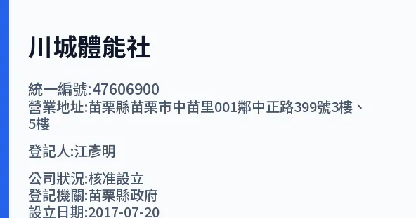 川城體能社的照片-統編 47606900(苗栗縣) 公司登記資料與營業項目詳細圖表