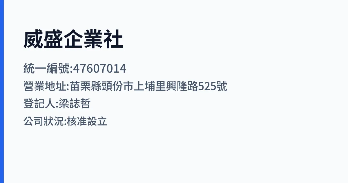 威盛企業社 - 統編 47607014(苗栗縣) 公司登記資料與營業項目詳細圖表