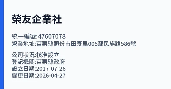榮友企業社的照片-統編 47607078(苗栗縣) 公司登記資料與營業項目詳細圖表