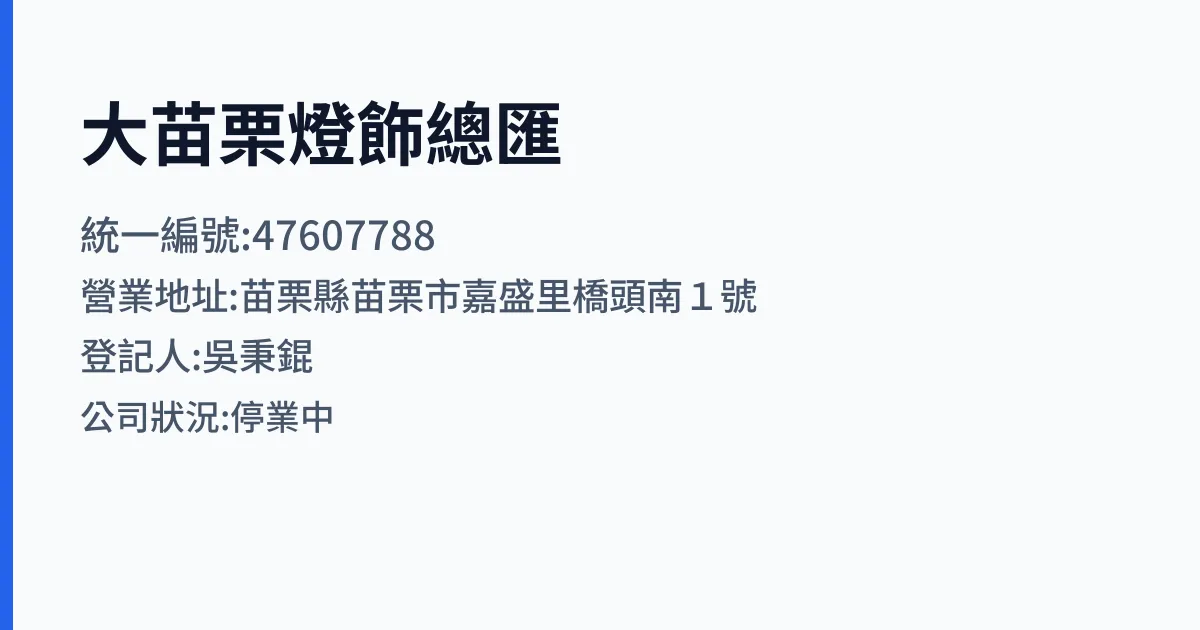 大苗栗燈飾總匯 - 統編 47607788(苗栗縣) 公司登記資料與營業項目詳細圖表