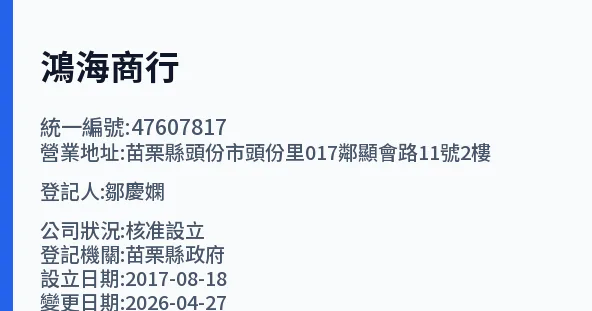 鴻海商行的照片-統編 47607817(苗栗縣) 公司登記資料與營業項目詳細圖表