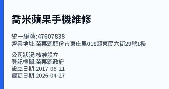 喬米蘋果手機維修的照片-統編 47607838(苗栗縣) 公司登記資料與營業項目詳細圖表