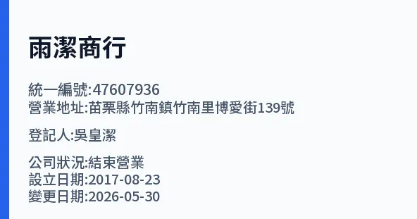 雨潔商行的照片-統編 47607936(苗栗縣) 公司登記資料與營業項目詳細圖表