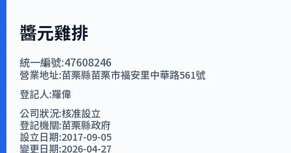 醬元雞排的照片-統編 47608246(苗栗縣) 公司登記資料與營業項目詳細圖表