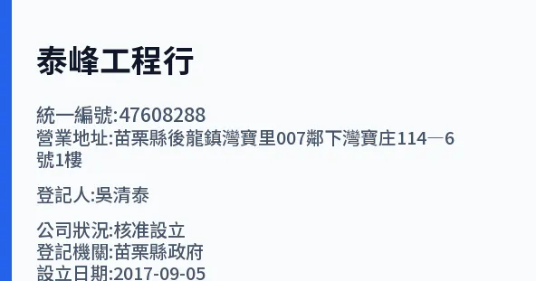 泰峰工程行的照片-統編 47608288(苗栗縣) 公司登記資料與營業項目詳細圖表