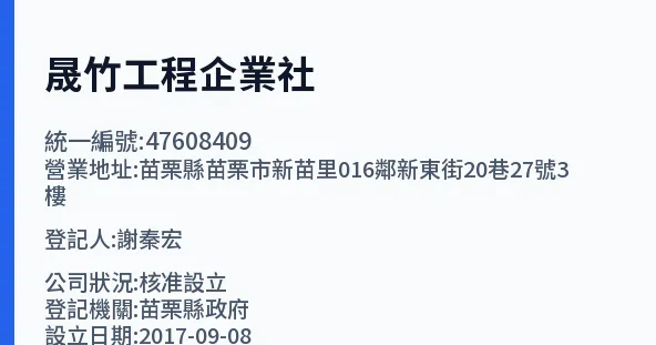 晟竹工程企業社的照片-統編 47608409(苗栗縣) 公司登記資料與營業項目詳細圖表