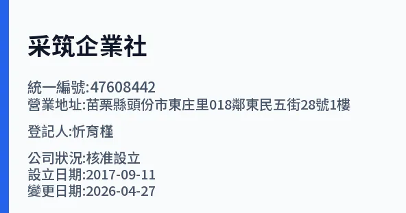 采筑企業社的照片-統編 47608442(苗栗縣) 公司登記資料與營業項目詳細圖表