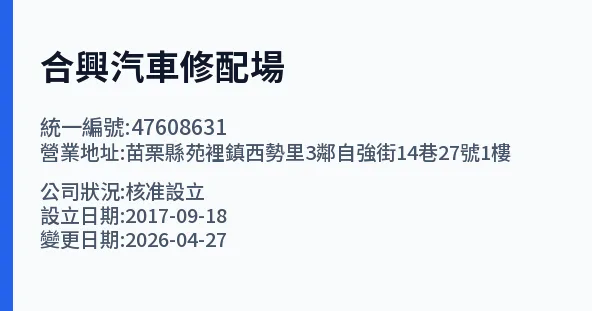 合興汽車修配場的照片-統編 47608631(苗栗縣) 公司登記資料與營業項目詳細圖表