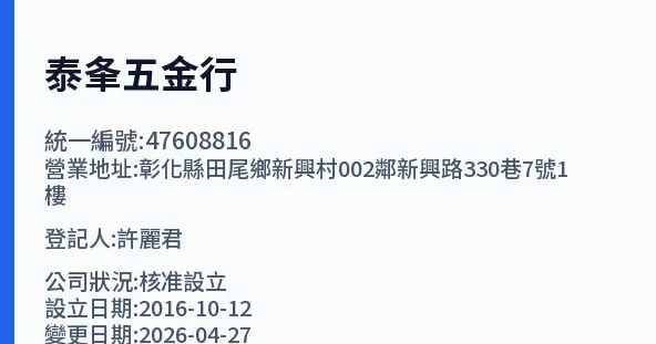 泰夆五金行的照片-統編 47608816(彰化縣) 公司登記資料與營業項目詳細圖表