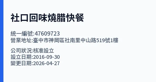 社口回味燒腊快餐的照片-統編 47609723(臺中市) 公司登記資料與營業項目詳細圖表