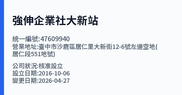 強伸企業社大新站的照片-統編 47609940(臺中市) 公司登記資料與營業項目詳細圖表