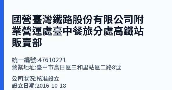國營臺灣鐵路股份有限公司附業營運處臺中餐旅分處高鐵站販賣部的照片-統編 47610221(臺中市) 公司登記資料與營業項目詳細圖表