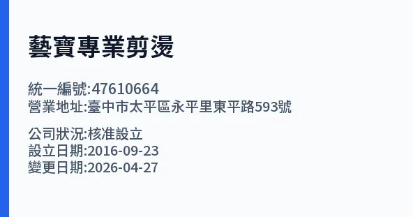 藝寶專業剪燙的照片-統編 47610664(臺中市) 公司登記資料與營業項目詳細圖表