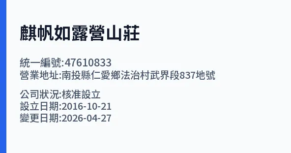 麒帆如露營山莊的照片-統編 47610833(南投縣) 公司登記資料與營業項目詳細圖表