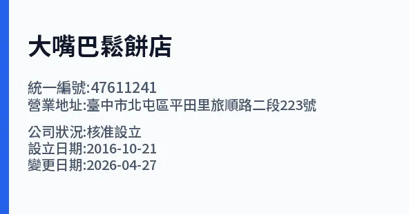 大嘴巴鬆餅店的照片-統編 47611241(臺中市) 公司登記資料與營業項目詳細圖表