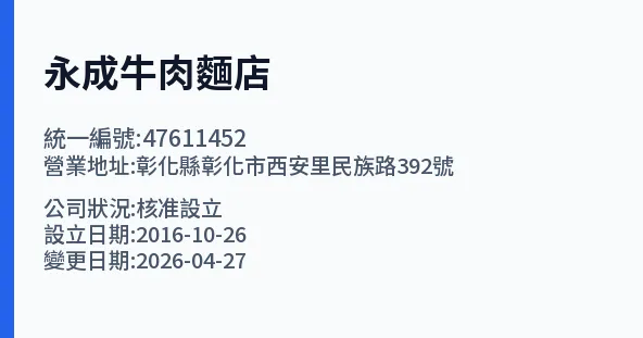 永成牛肉麵店的照片-統編 47611452(彰化縣) 公司登記資料與營業項目詳細圖表